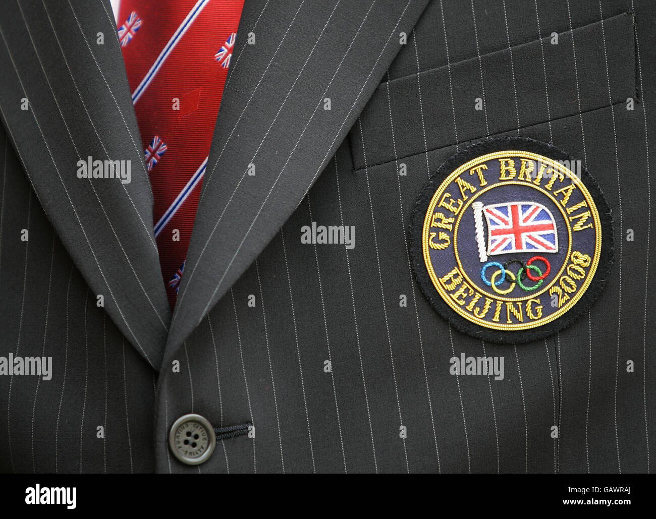 Detail of the Olympic Team GB embroidered badge on the formal wear that ...