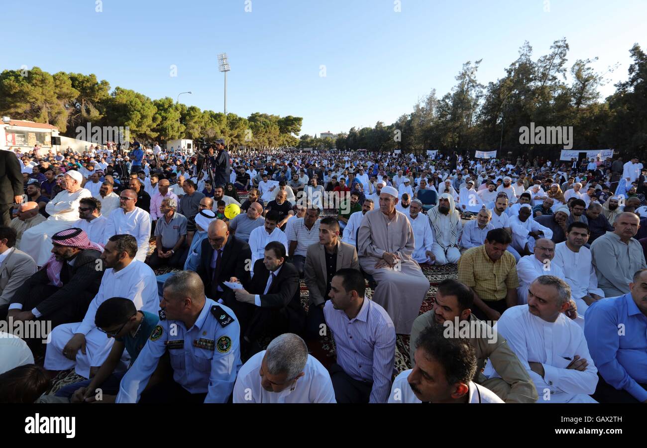 Amman. 6th July, 2016. Jordanian Muslims offer prayers during the Eid ...