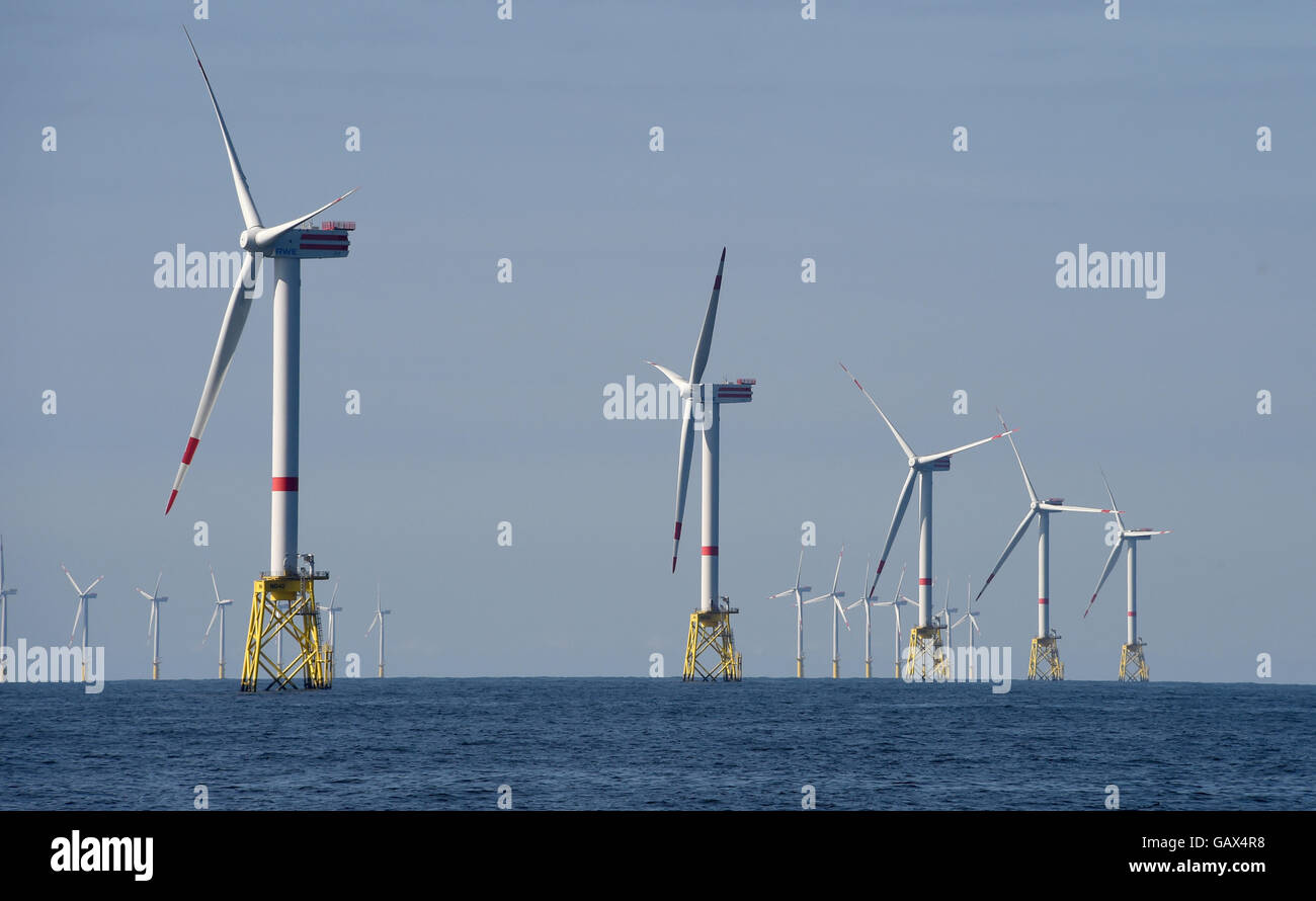 Wind turbines of a wind farm operated by RWE located on the North Sea ...