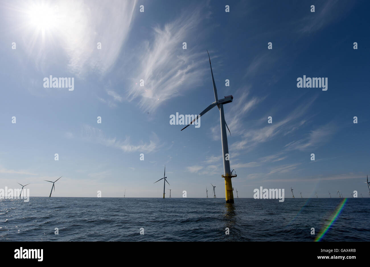 Wind turbines located on the North Sea some 30 kilometres off Helgoland ...