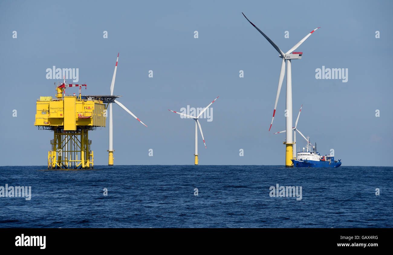 Wind turbines and a transformer facility located on the North Sea some ...