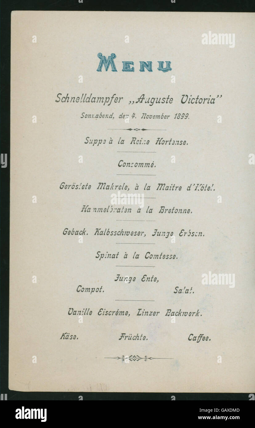 A dinner held aboard the SS Augusta Victoria, a Hamburg-Amerika Line ...