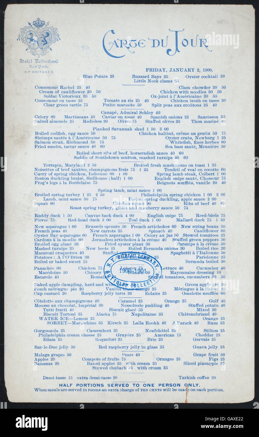 A dining menu from the Netherlands Hotel in New York, offering a ...