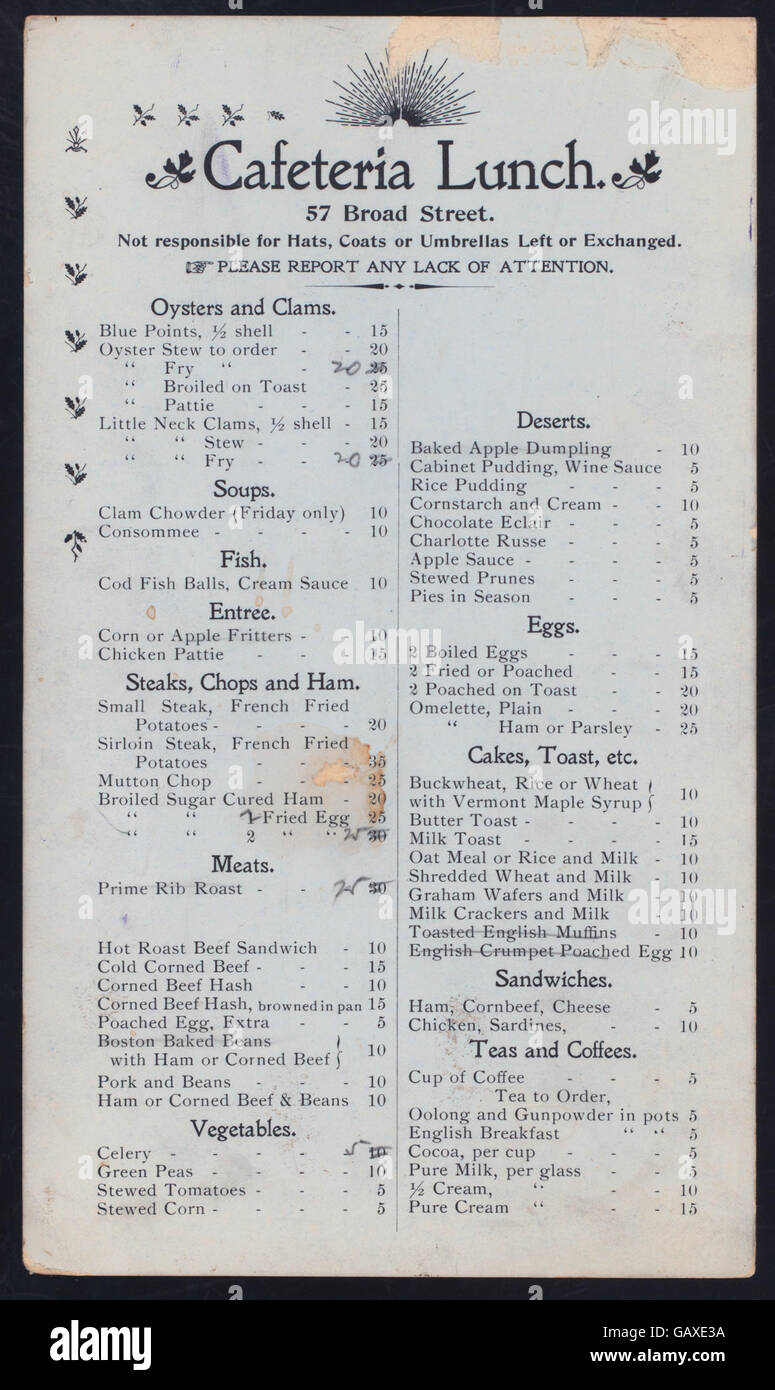The menu for all meals at the Cafeteria Lunch located at 57 Broad ...