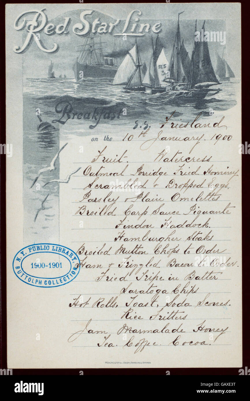 A breakfast served aboard the SS Friesland, a ship of the Red Star Line ...