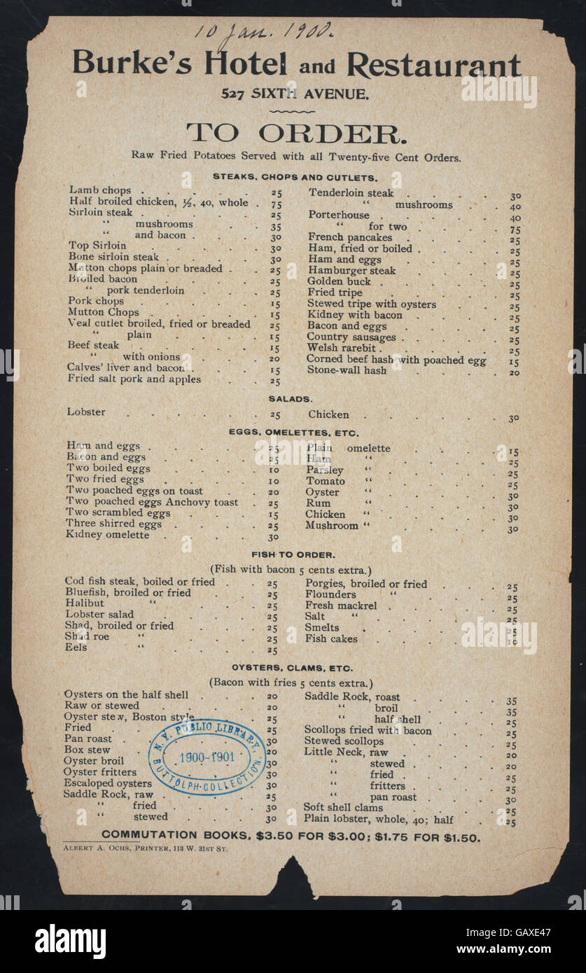 The daily menu for Burke's Hotel & Restaurant located at 527 Sixth ...