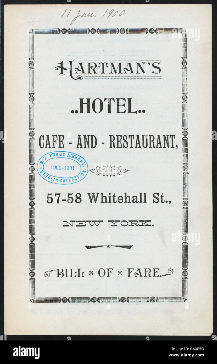 A bill of fare from Hartman's Hotel in New York, showcasing the menu of ...