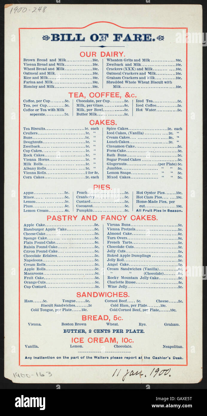 A bill of fare document from Naething Bros., a New York restaurant and ...