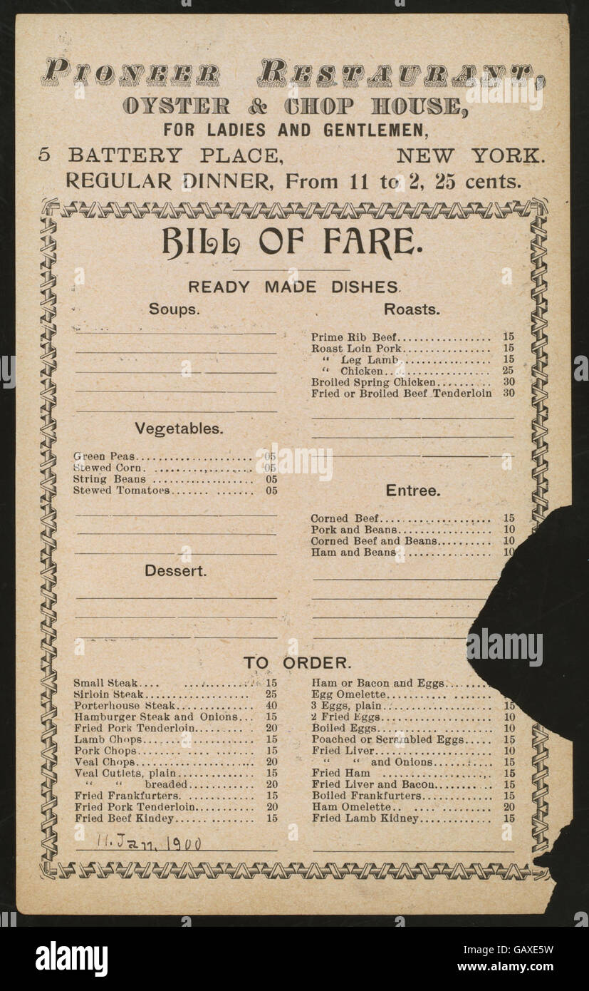 A bill of fare from the Pioneer Restaurant in New York, offering a ...