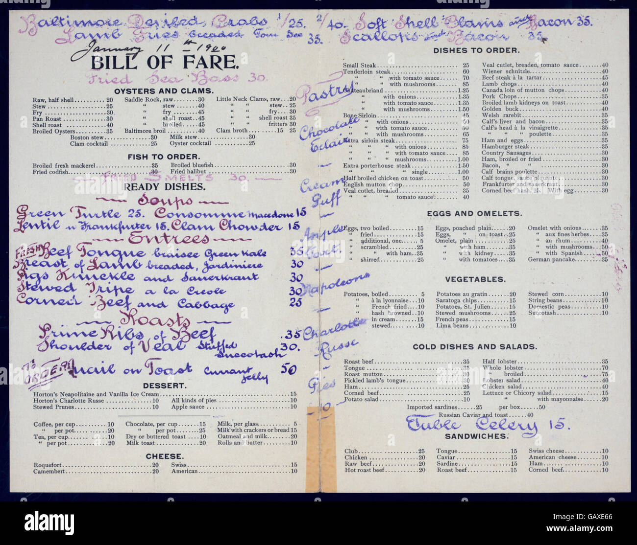 A bill of fare from the Eastern Hotel in New York City provides insight ...
