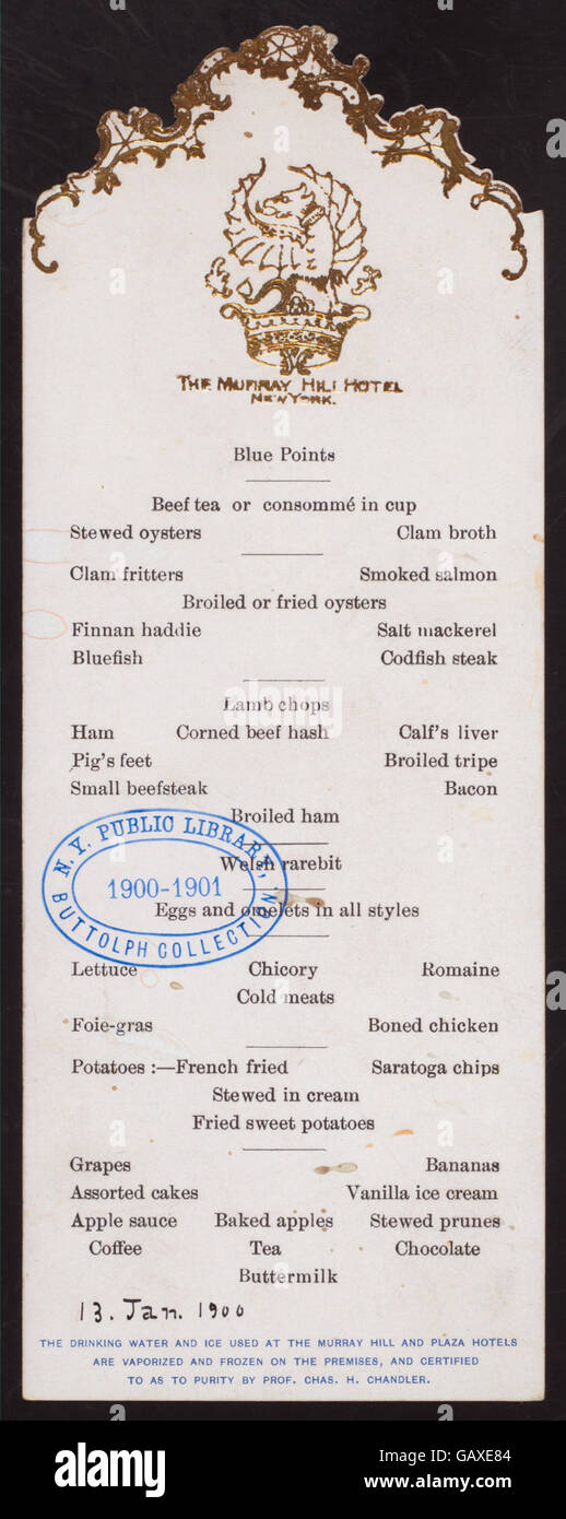 Menu from a supper service at the Murray Hill Hotel in New York City ...