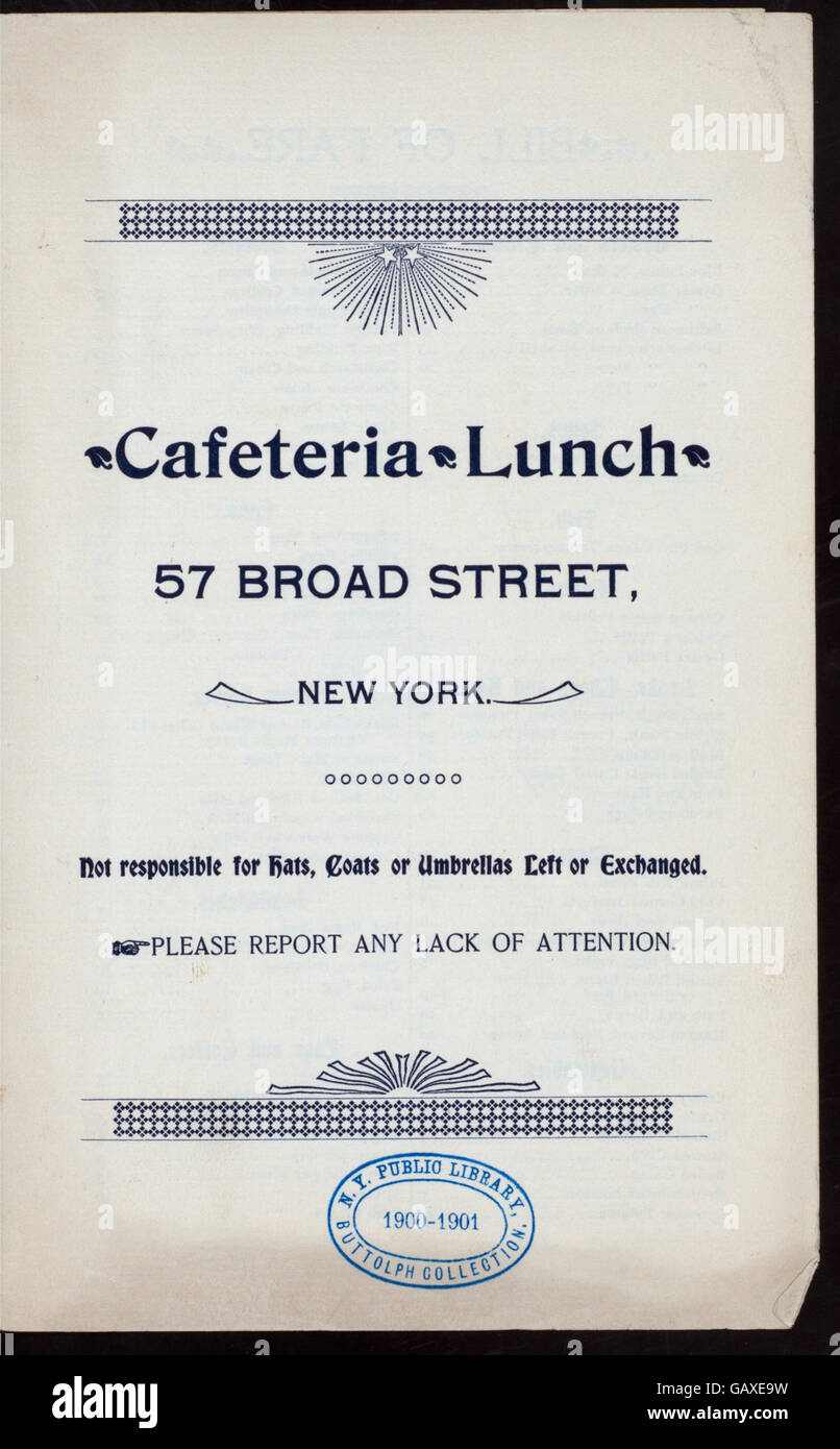 Menu from a lunch event hosted by Cafeteria Lunch at 57 Broad Street ...
