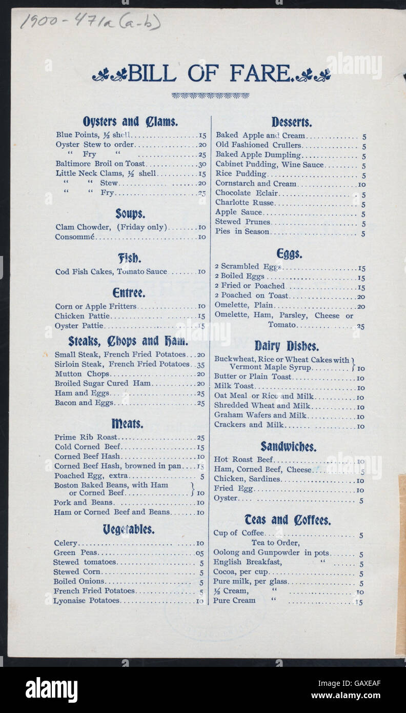 A menu from a cafeteria located at 57 Broad St., New York, detailing ...