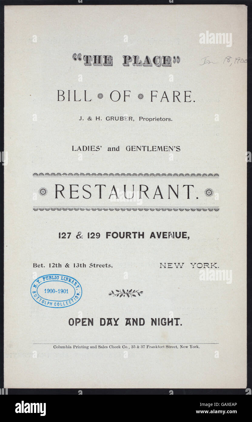 A vintage bill of fare from 'The Place' restaurant located at 127 ...