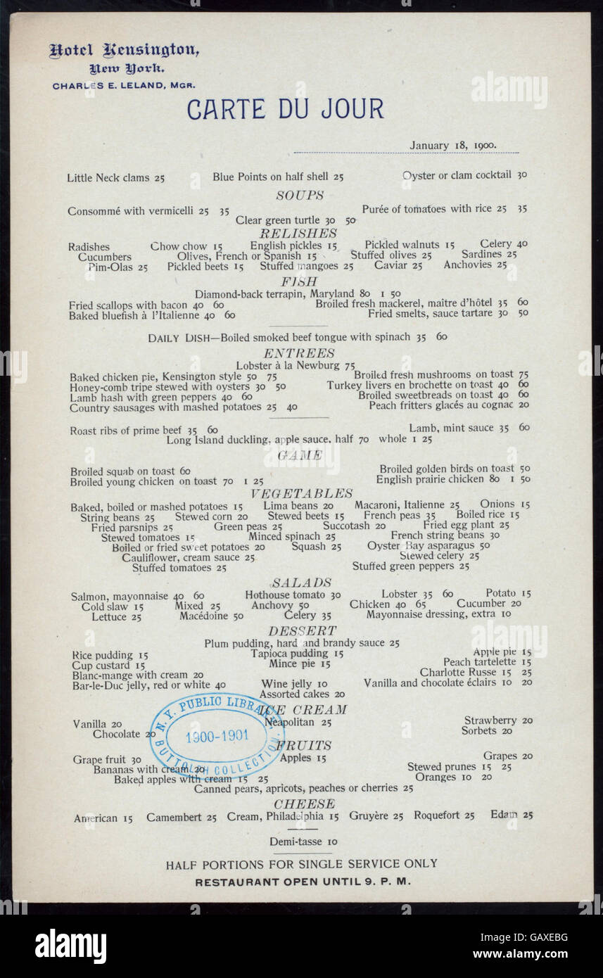 A menu or 'carte du jour' from the Kensington Hotel in New York ...