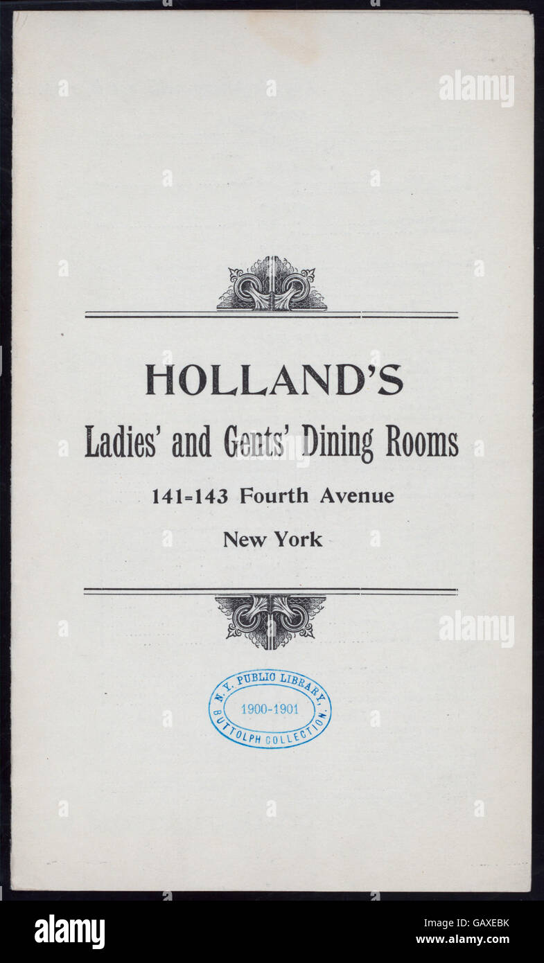 A daily menu from Holland's Ladies & Gents Dining Rooms at 141 Fourth ...