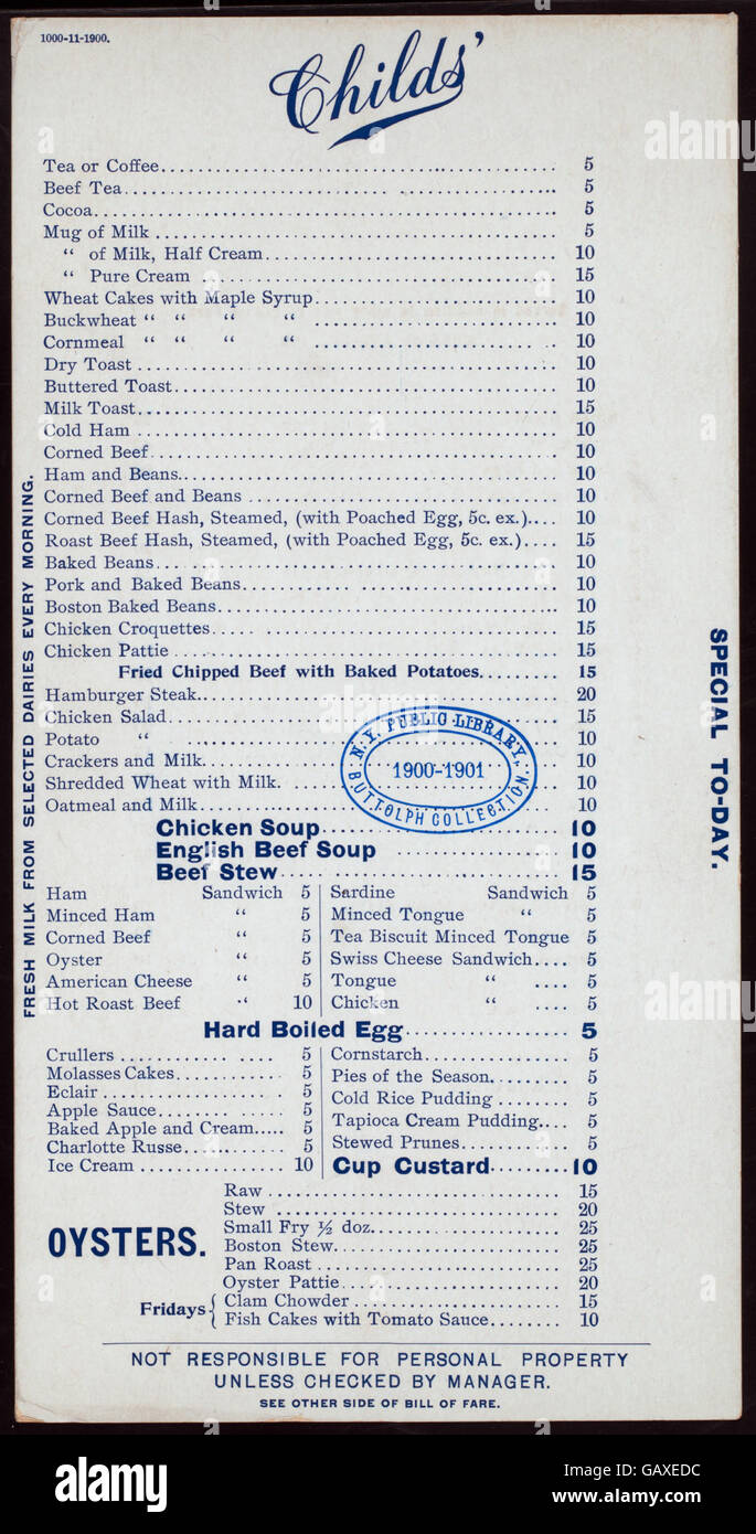 A daily menu from Childs' Restaurant in New York, a popular chain ...
