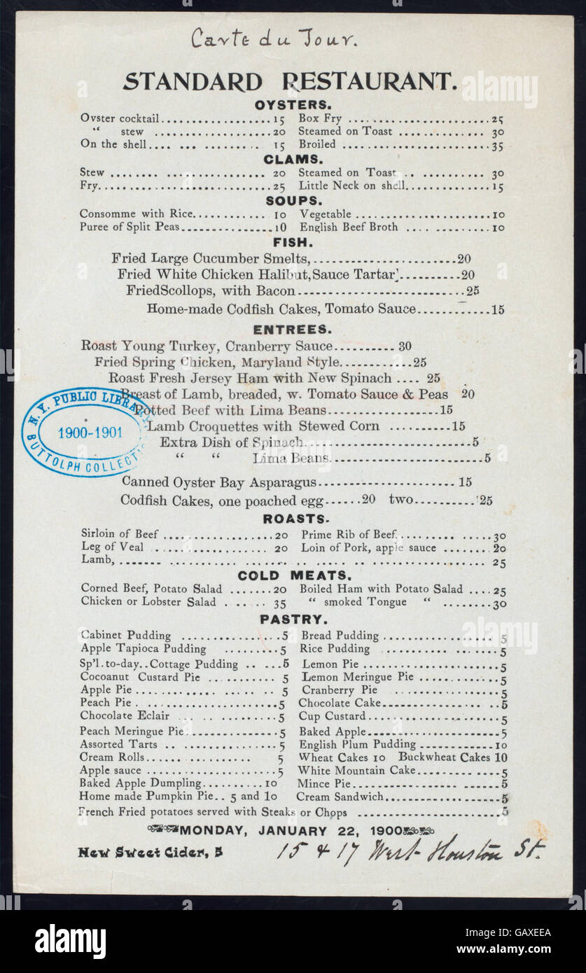 A daily menu from the Standard Restaurant located at 15 and 17 West ...
