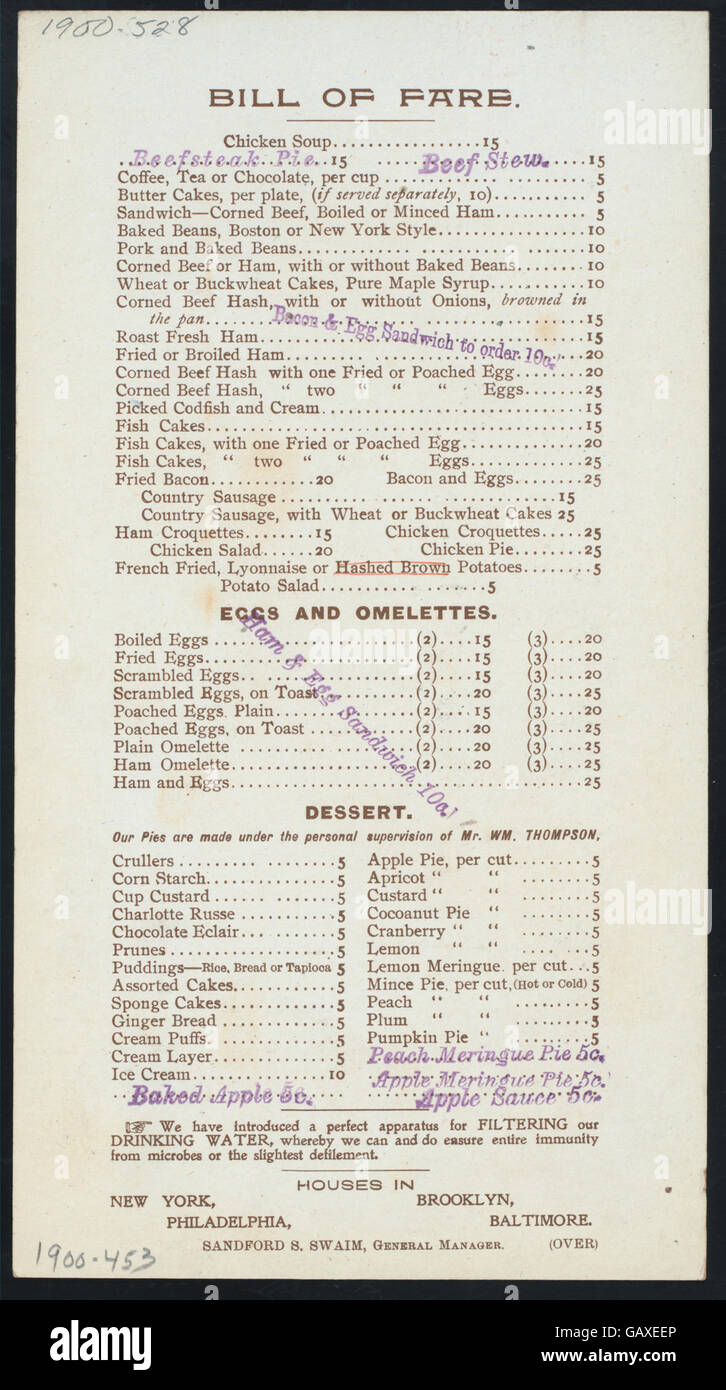 This daily menu from Dennett’s Restaurant at 25 Park Row, New York ...