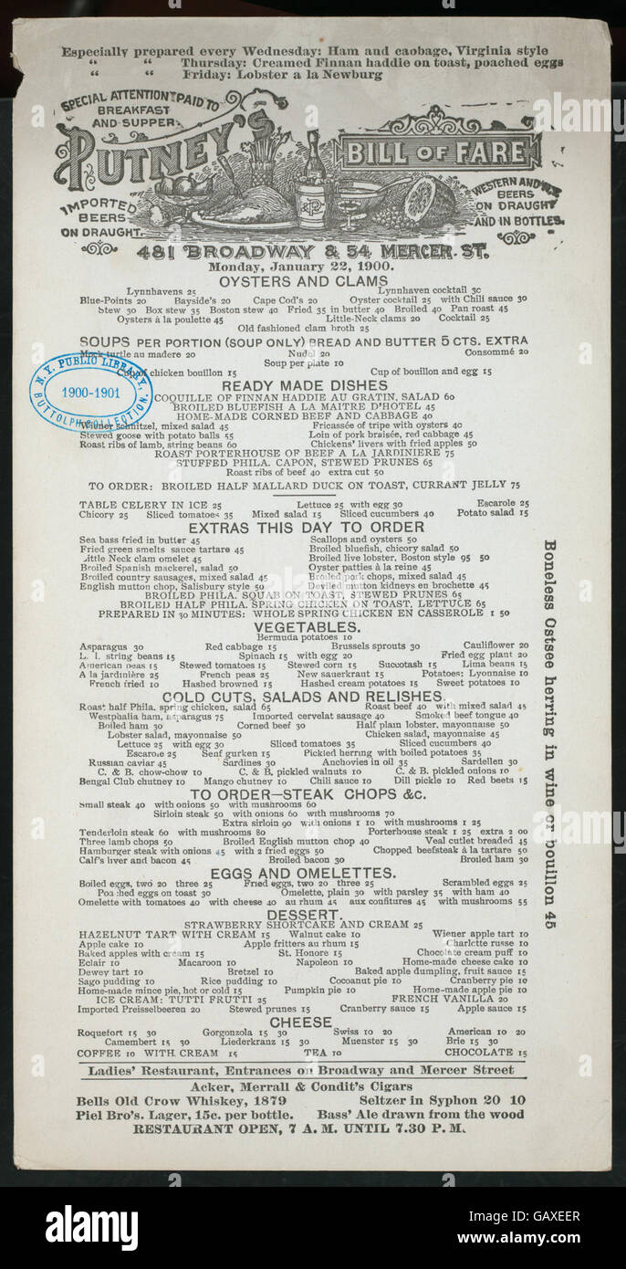 A daily menu from Putney's restaurant at 481 Broadway and 54 Mercer ...
