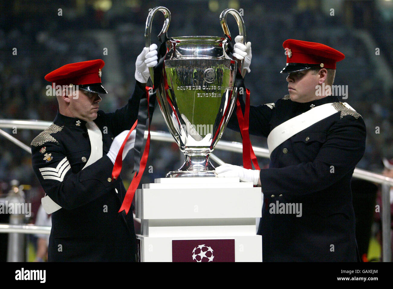 Uefa champions league trophy is placed on its stand hi-res stock ...