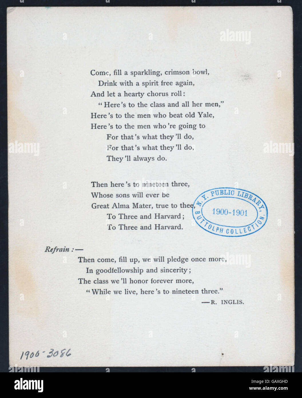 FRESHMAN CLASS DINNER (held by) (HARVARD UNIVERSITY) (at) HOTEL VENDOME ...