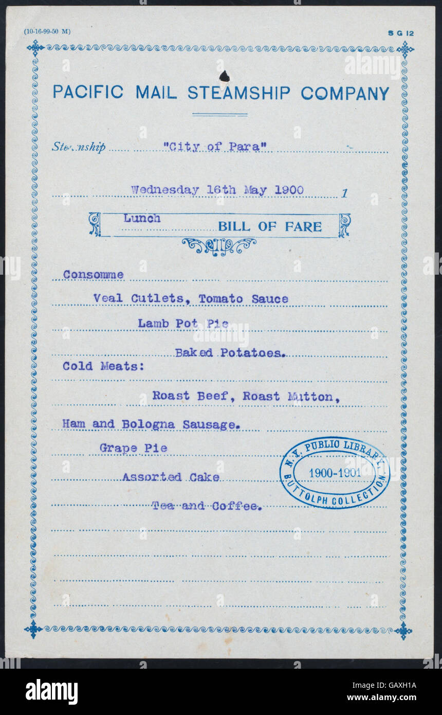 Menu from a lunch event held aboard the SS City of Para, a steamship ...