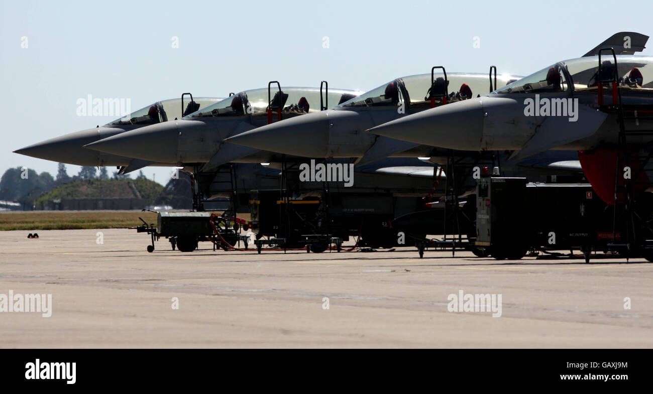 Arow of Typhoon fighter aircraft at RAF Conningsby, Lincolnshire. The ...