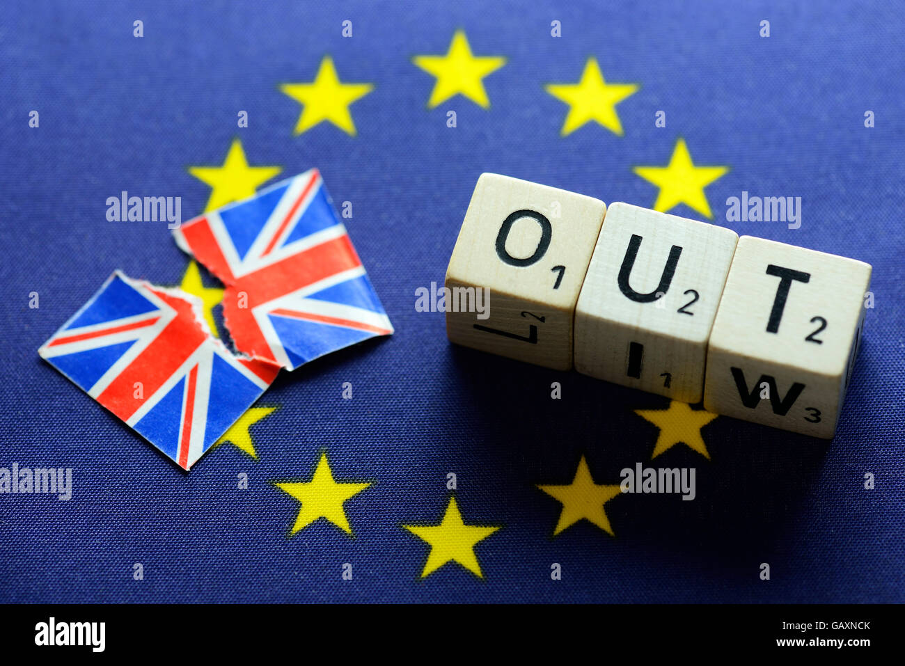 Flags of Great Britain and EU, letter cubes forming the word out Stock ...