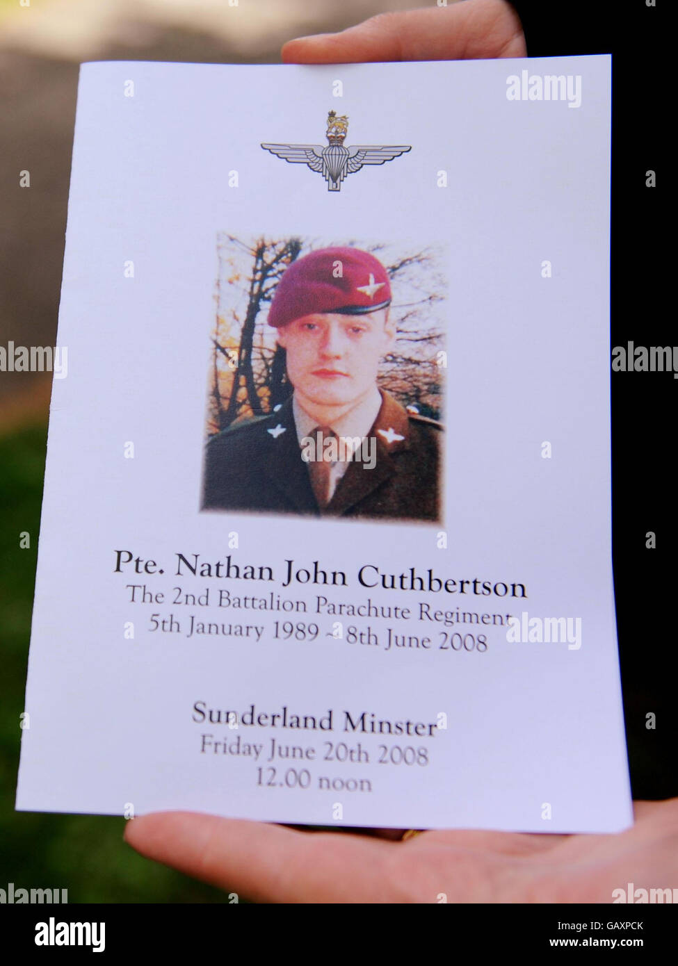 An order of service showing a picture of Private Nathan Cuthbertson ...