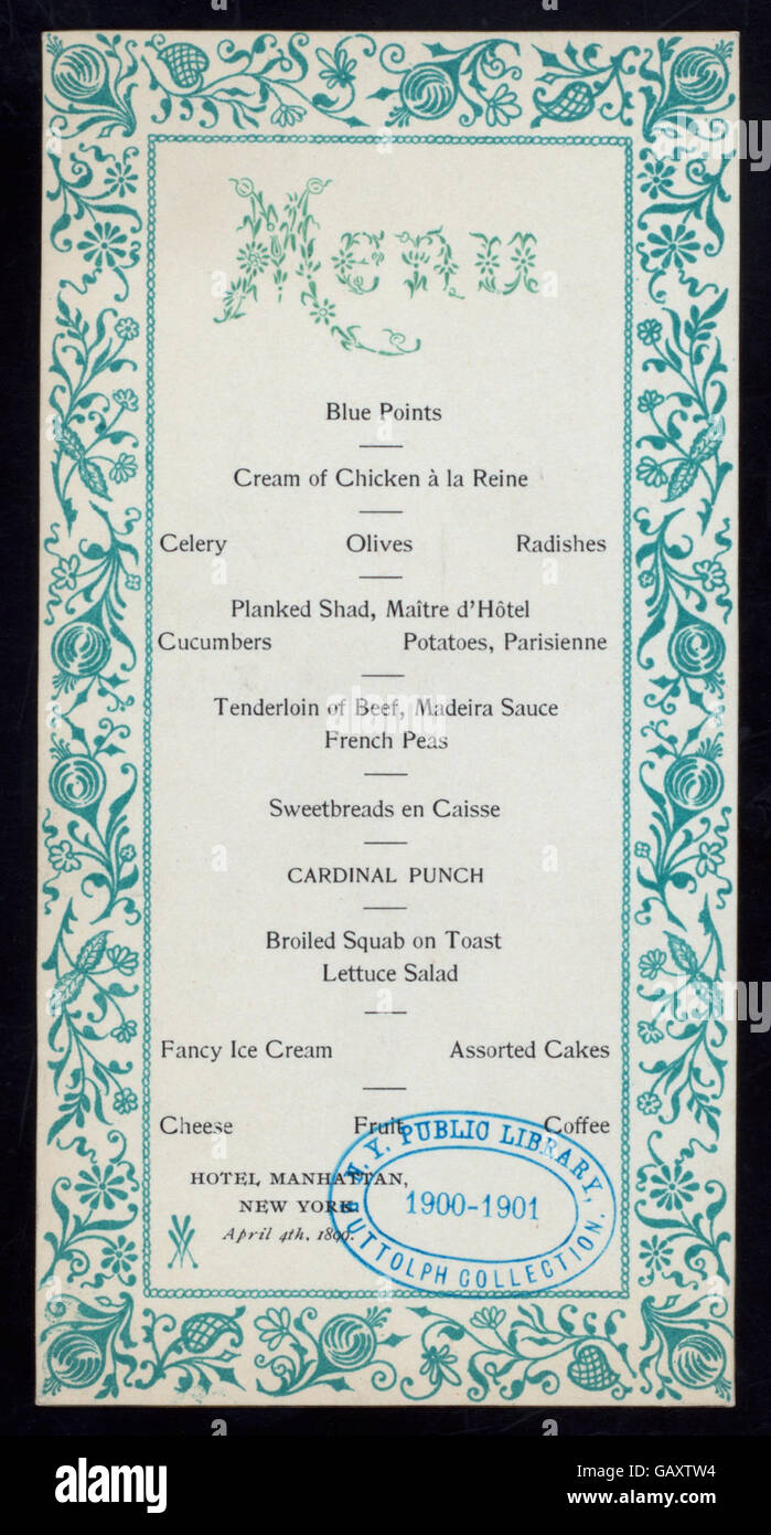 The menu from the Manhattan Hotel in New York reflects a selection of ...