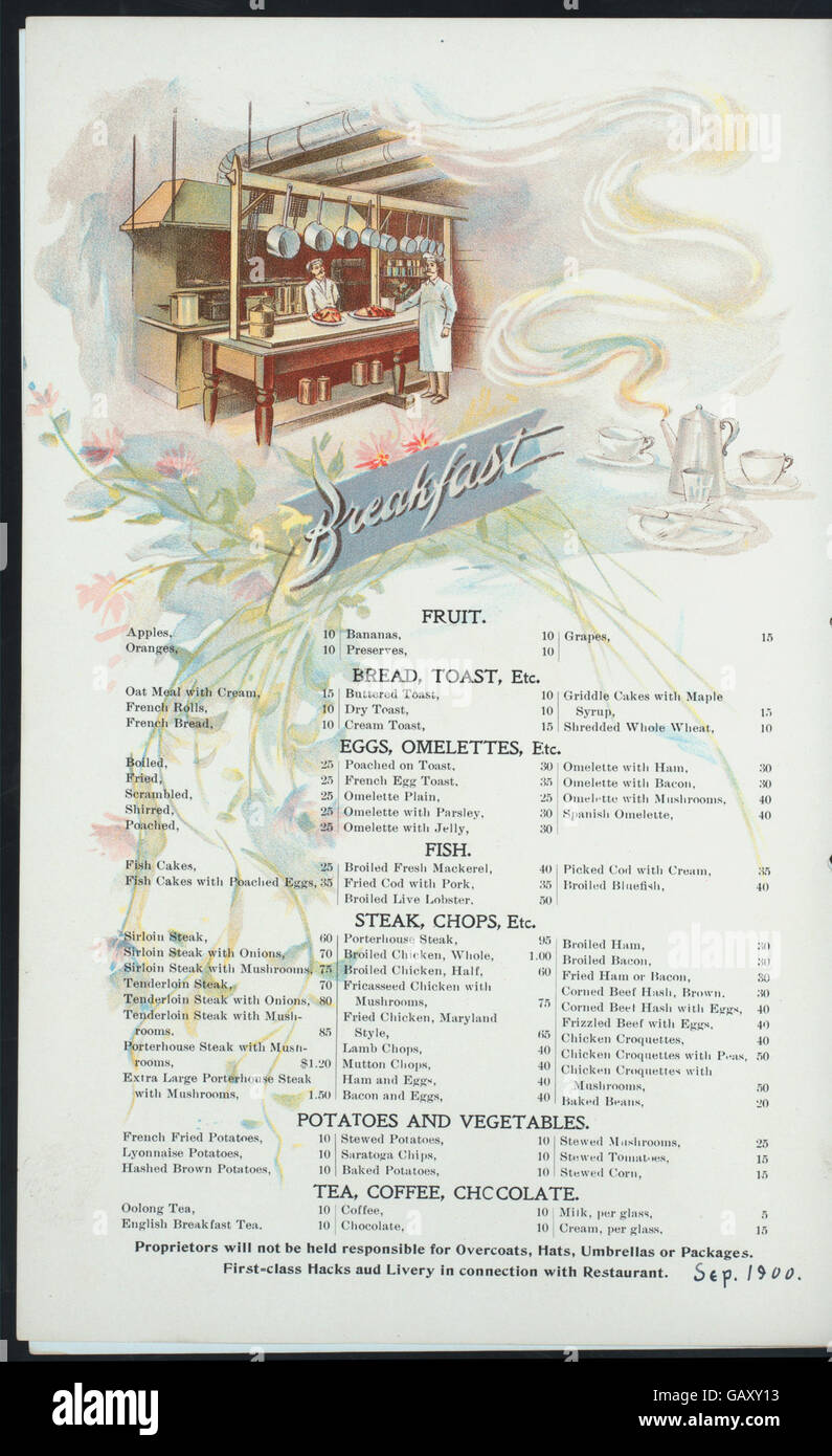Menus for breakfast, dinner, and supper served by Elmer Woodbury Hotel ...