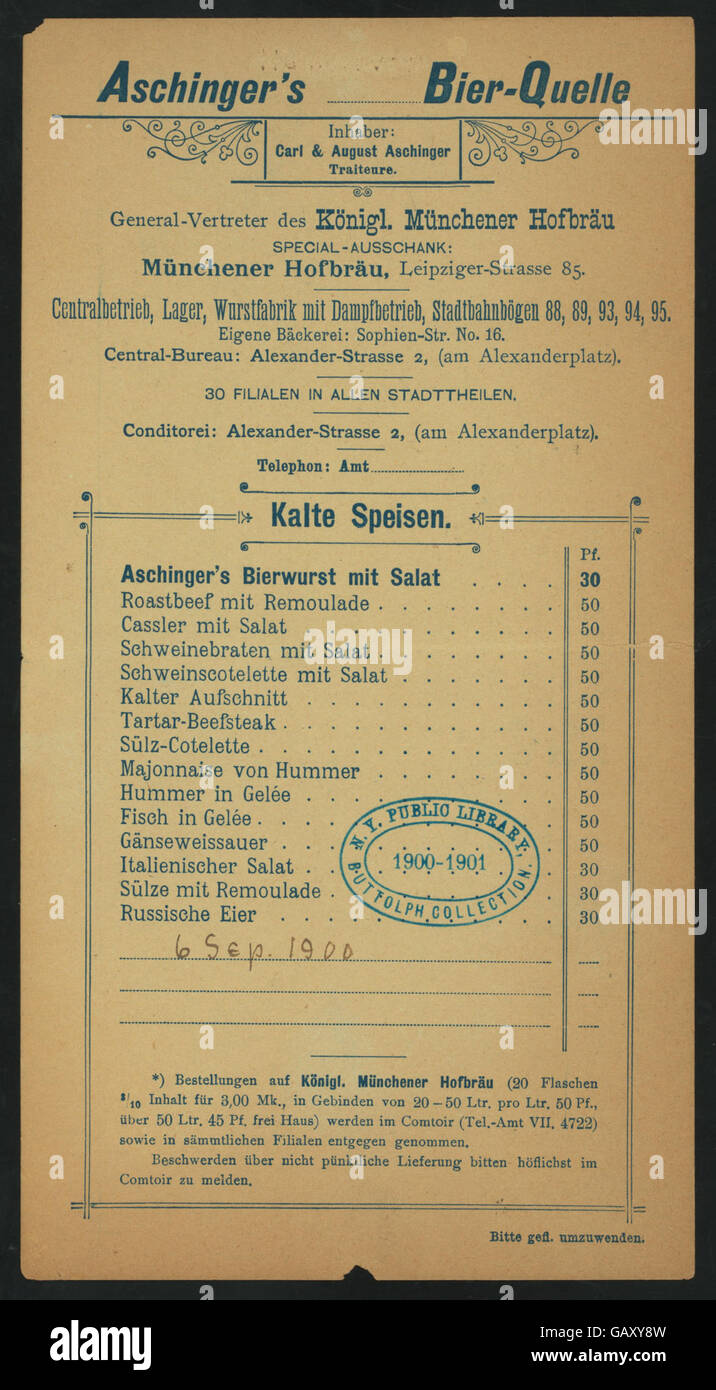 Aschinger's Bier-Quelle in Berlin, Germany offers a daily menu ...