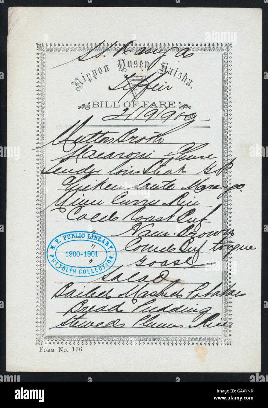 A tiffin meal served aboard the SS Kasuga, a ship operated by Nippon ...