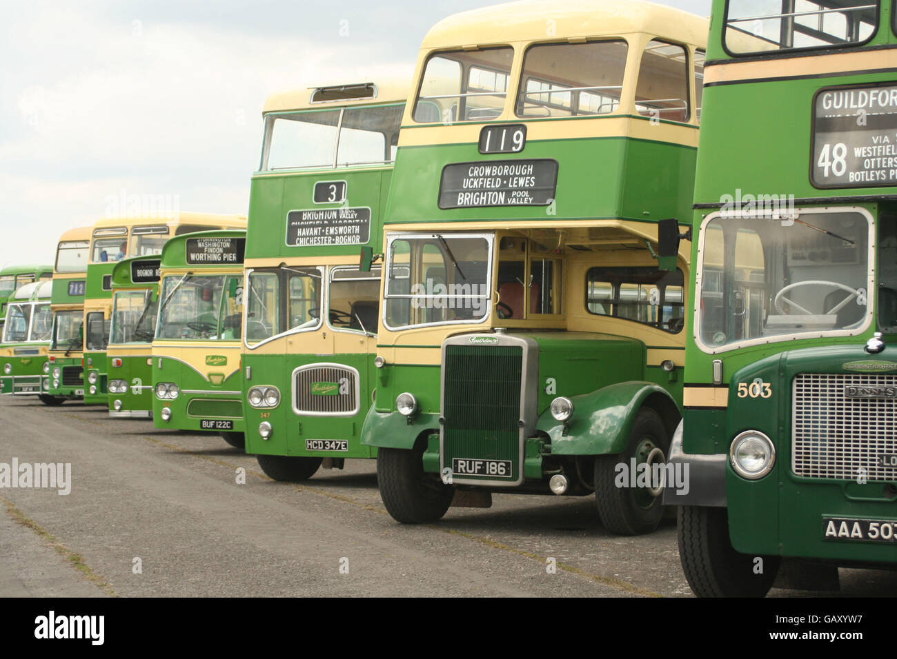 Preserved Southdown buses Line Up on Worthing Sea Front Stock Photo - Alamy