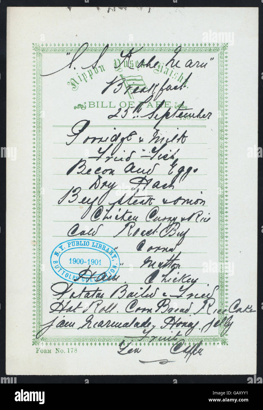 Breakfast served aboard the SS Kobe Maru, a Nippon Yusen Kaisha ship en ...