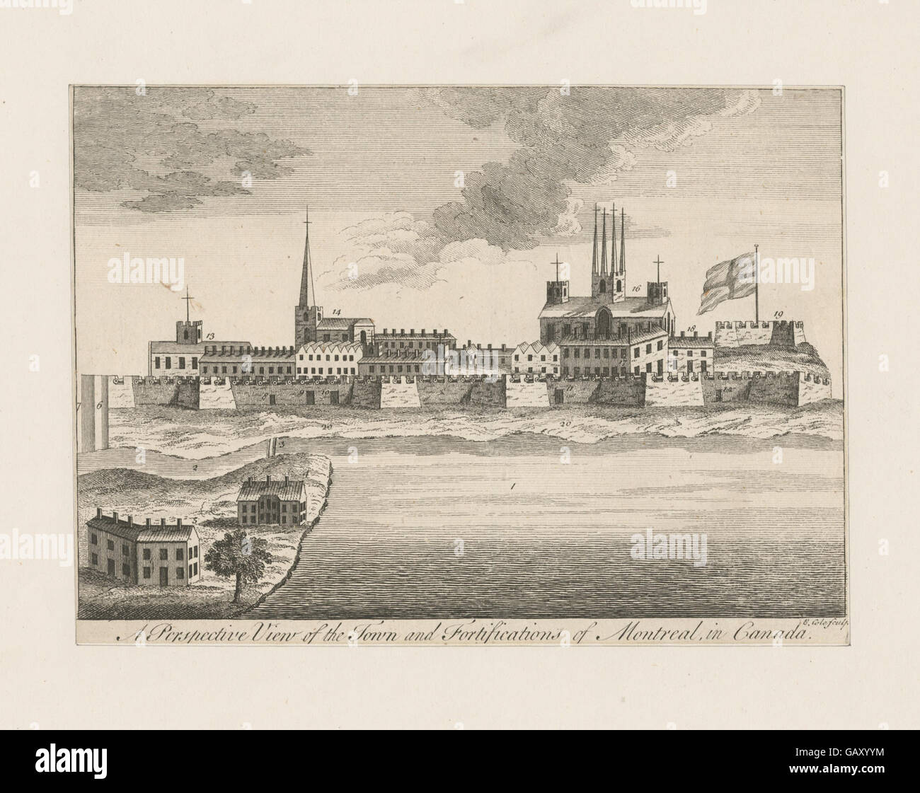 This historical illustration shows a perspective view of Montreal ...