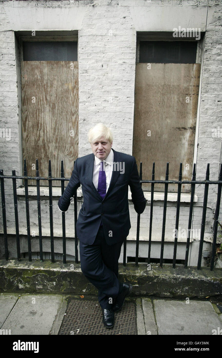 London Mayor Boris Johnson, outside 65 Swinton St, London, WC1, a grade ...