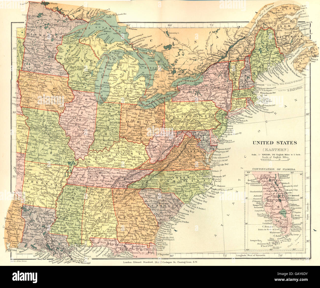USA: United States (Eastern) ; Inset Florida. Stanford, 1892 antique ...