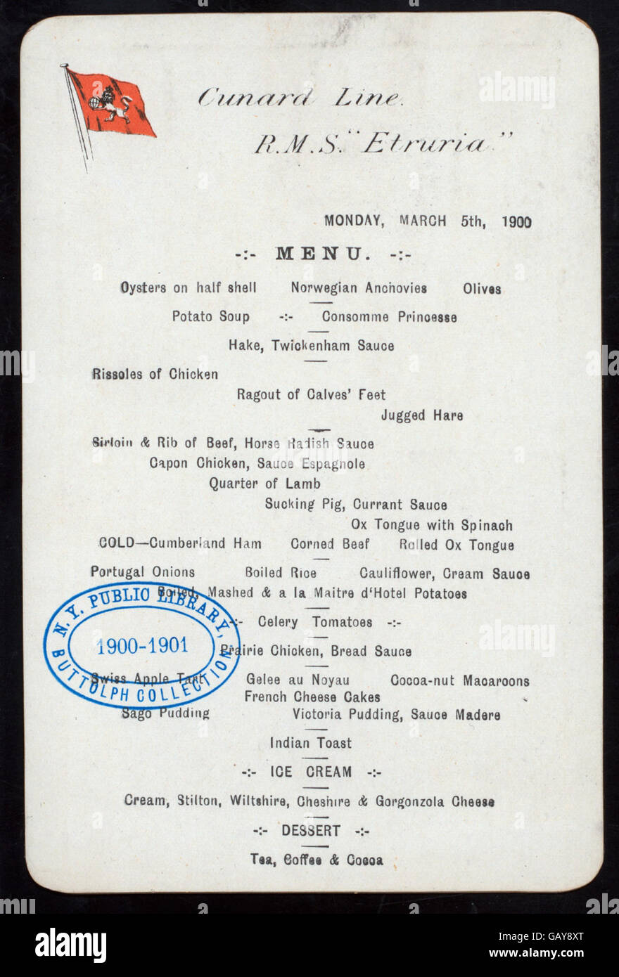This dinner event was held aboard the RMS Etruria, a Cunard Line ocean ...