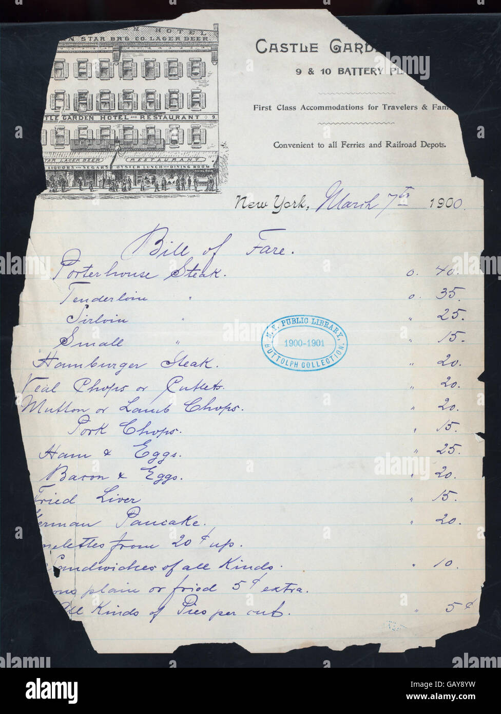 A bill of fare from the Castle Garden Hotel located at Battery Place in ...