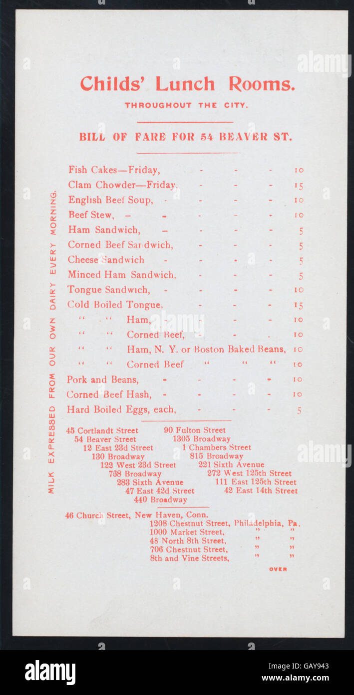 A bill of fare for breakfast and lunch at Childs' Lunch Rooms on Beaver ...