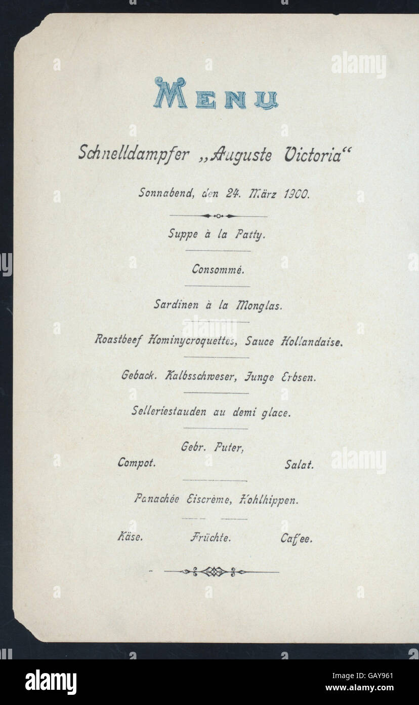 Menu from a dinner hosted by Hamburg-Amerika Linie aboard the SS ...