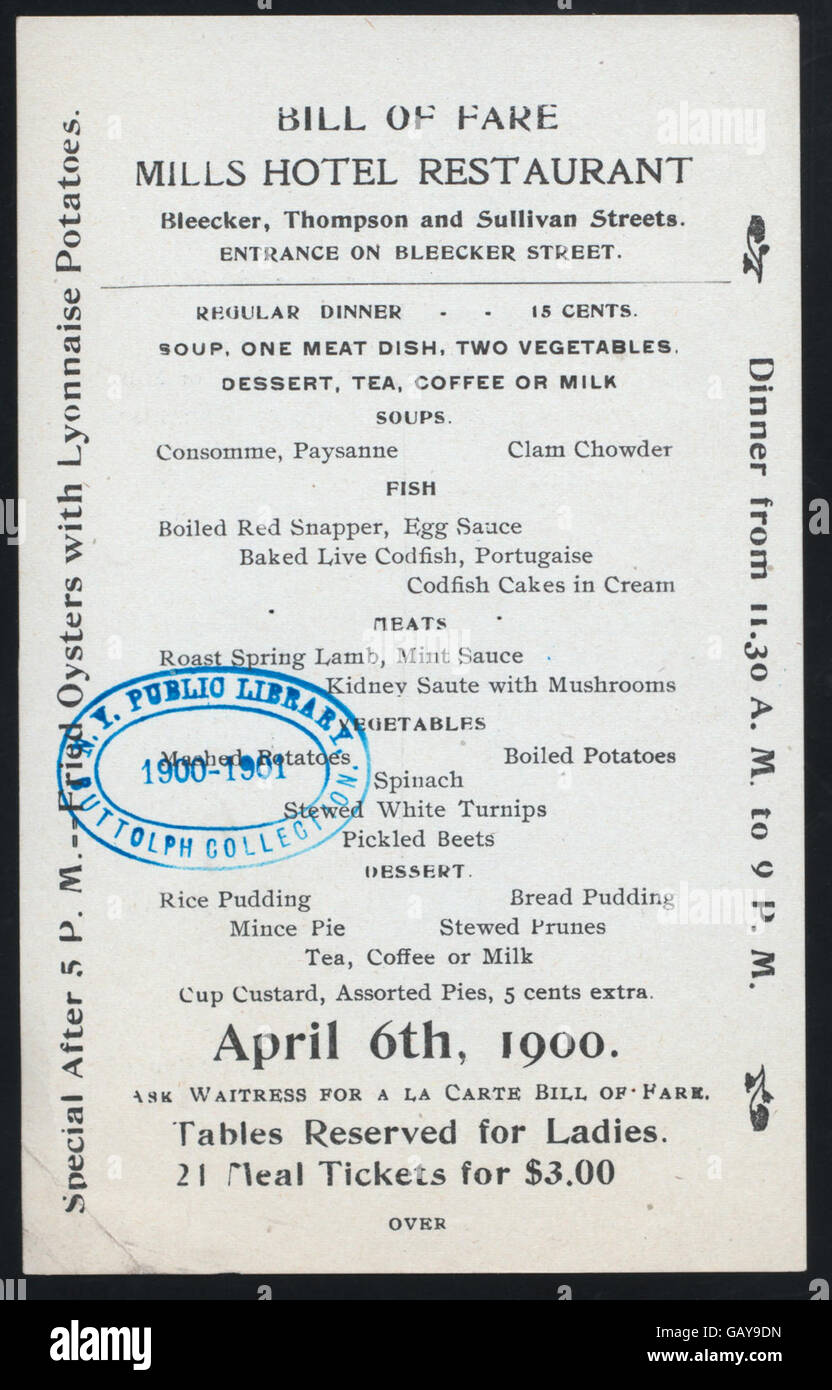 A menu showcasing breakfast and dinner options at Mills Hotel ...