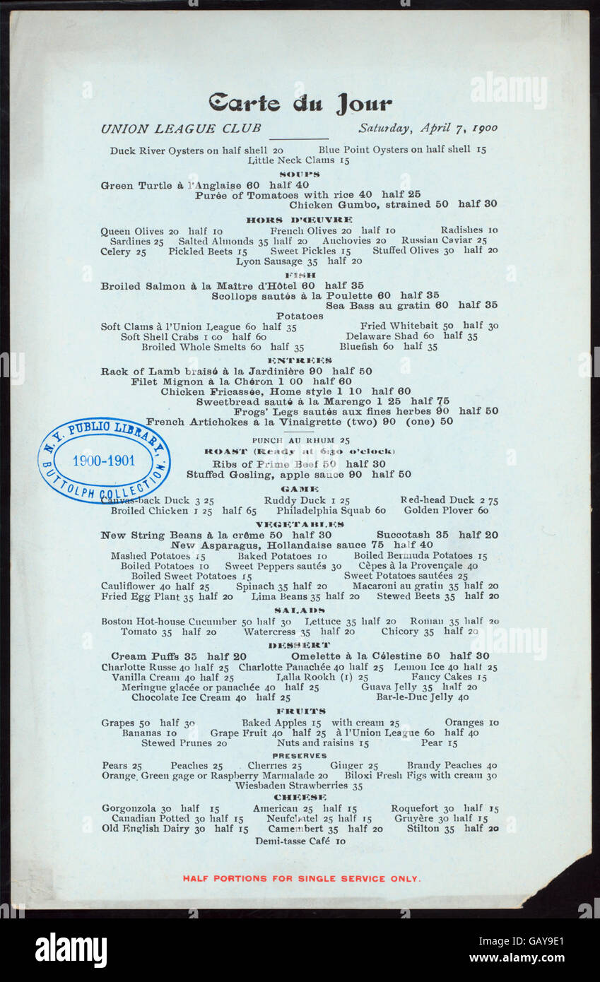 The 'Carte du Jour' at the Union League Club in New York represents a ...