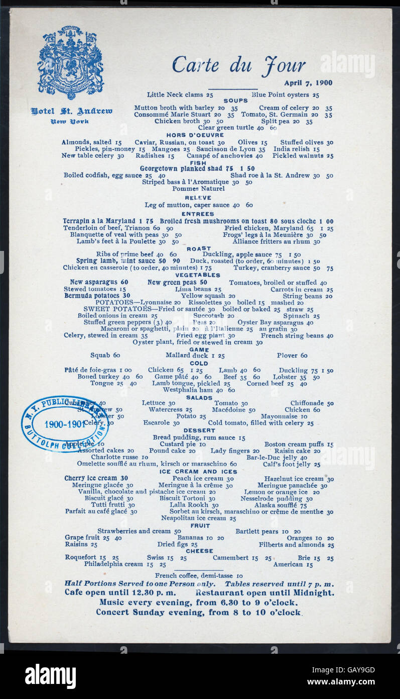 The 'Carte du Jour' from Hotel St. Andrew in New York lists the day’s ...