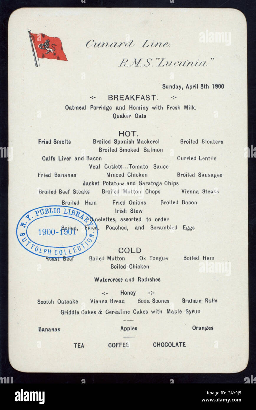 A formal breakfast event held aboard the R.M.S. Lucania, a Cunard Line ...
