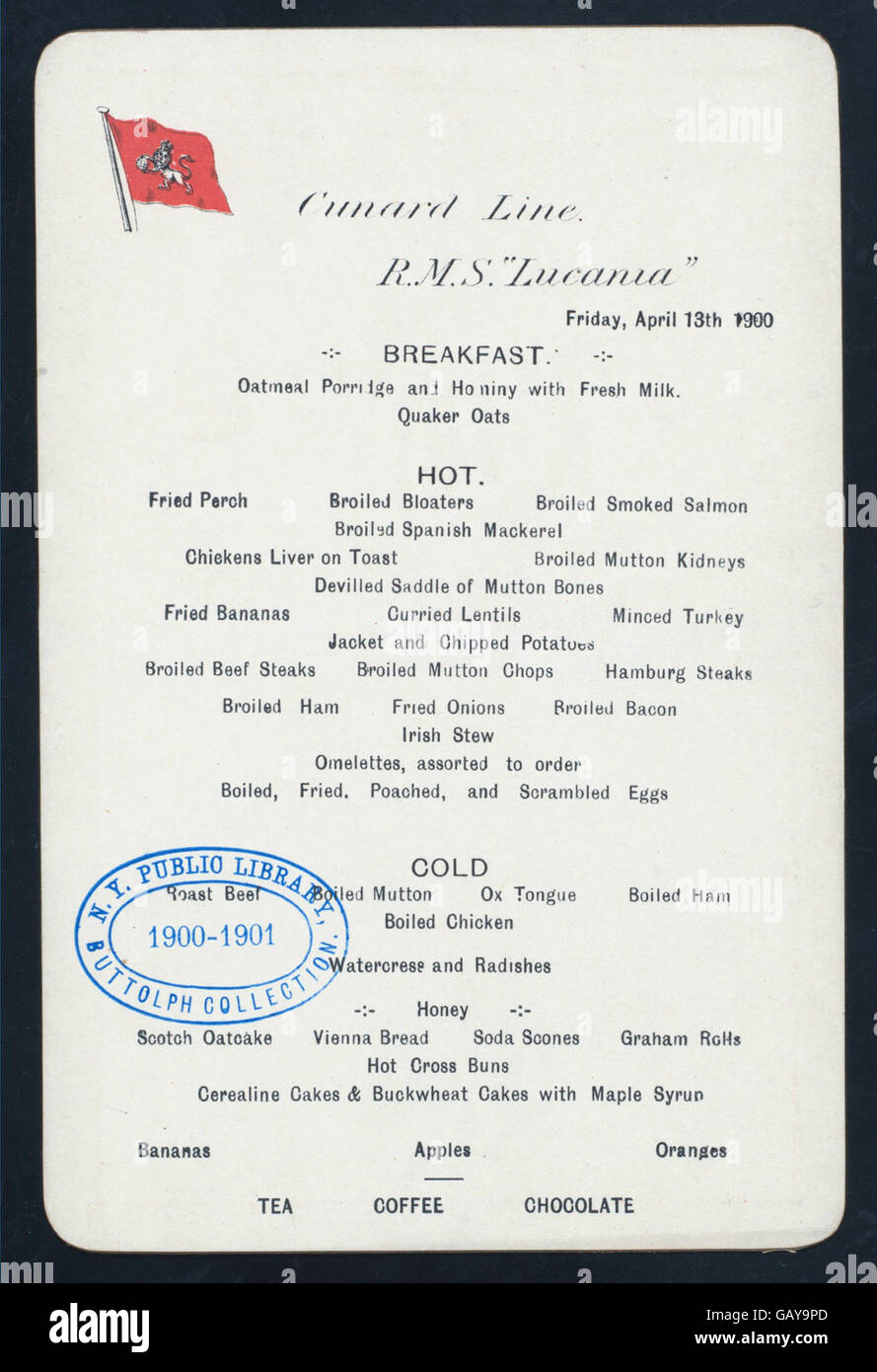 BREAKFAST (held by) CUNARD LINE (at) EN ROUTE ABOARD R.M.S. LUCANIA (SS ...