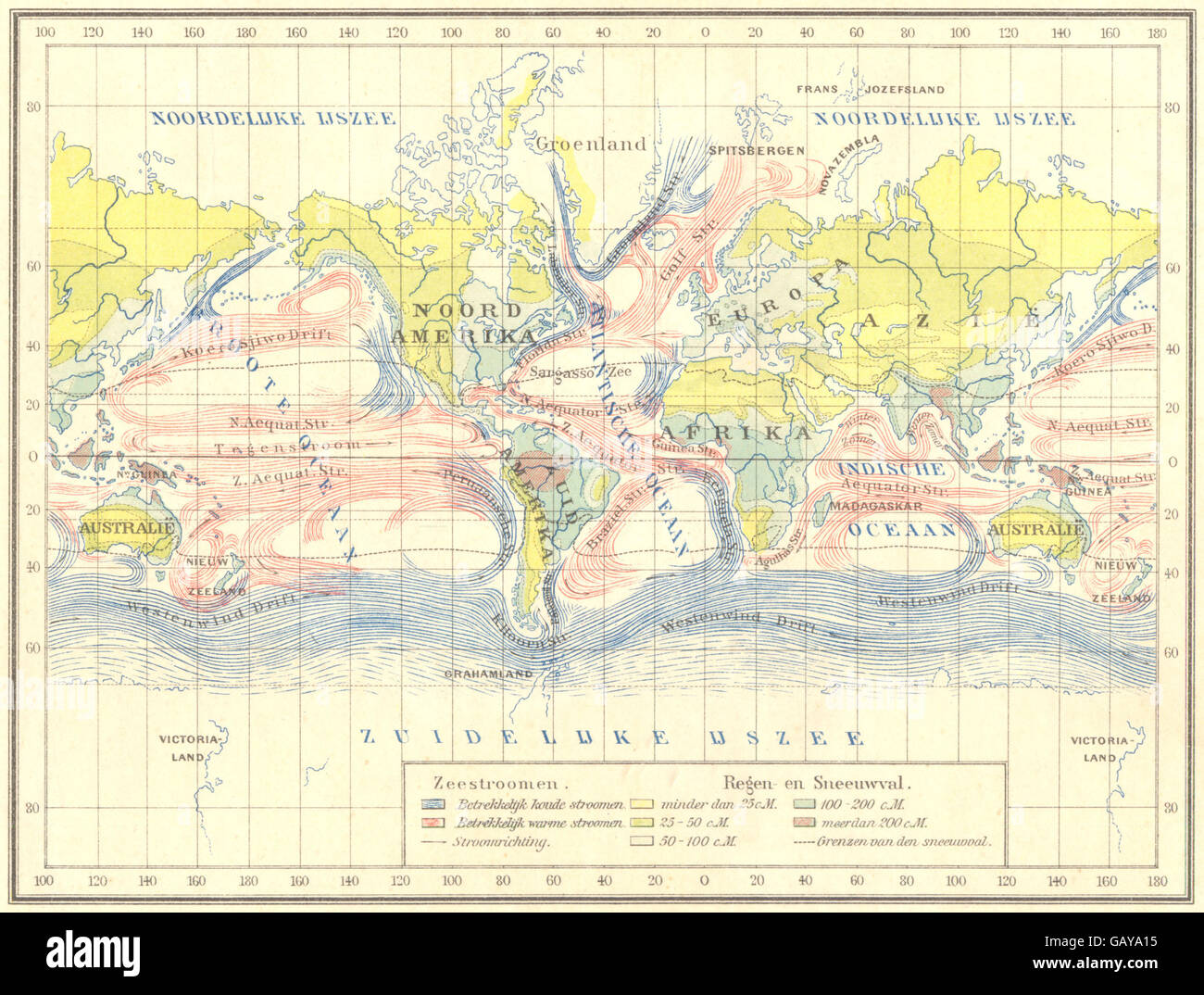 WORLD: Zeestroomen- Regen en Sneeuwval, 1922 vintage map Stock Photo ...
