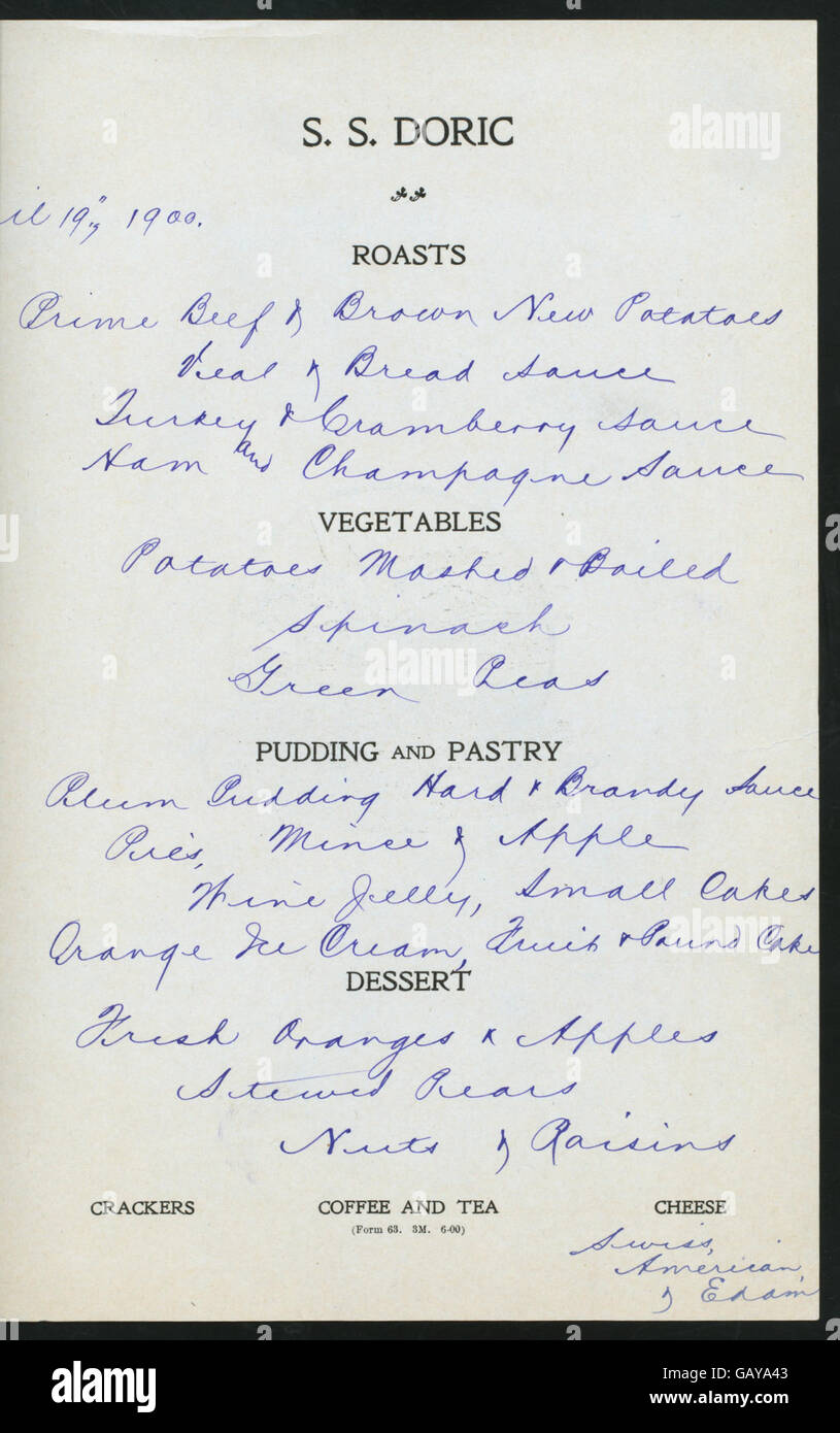 A dinner event held aboard the SS Doric, a ship of the Occidental and ...